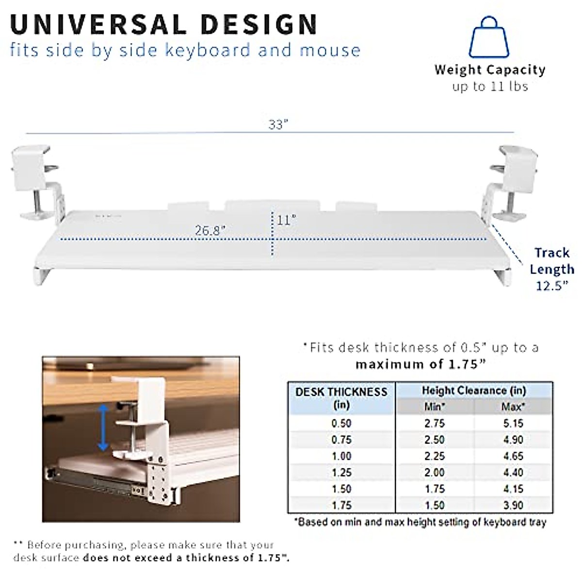 VIVO Large Height Adjustable Under Desk Keyboard Tray, C-clamp Mount System, 27 (33 Including Clamps) x 11 inch Slide-Out Platform Computer Drawer for Typing, White, MOUNT-KB05HW