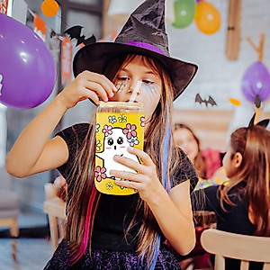 UAREHIBY Halloween Gifts for Women with Floral Ghost Mug,18 OZ Cute Halloween Spooky Glass Cups with Lids and Straws,Funny Halloween Coffee Tumbler Ghost Mug,Halloween Decorations