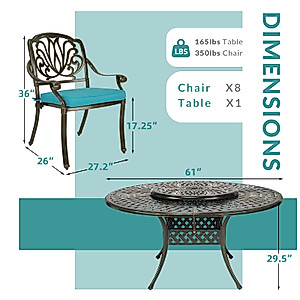MEETWARM 9-Piece Outdoor Furniture Dining Set, All Weather Cast Aluminum Patio Garden Set- 8 Cushioned Chairs, 61" Round Patio Dining Table with Detachable Lazy Susan, 2" Umbrella Hole, Ocean Blue