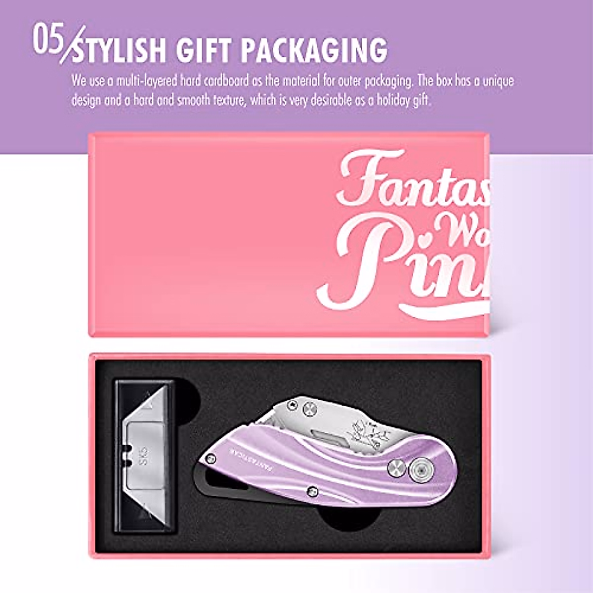 FantastiCAR Folding Box Cutter, Quick Blade Change Utility Knife, with Anti-slip Metal Body, Safety Lock, 5 Extra Blades (Purple Streamline)