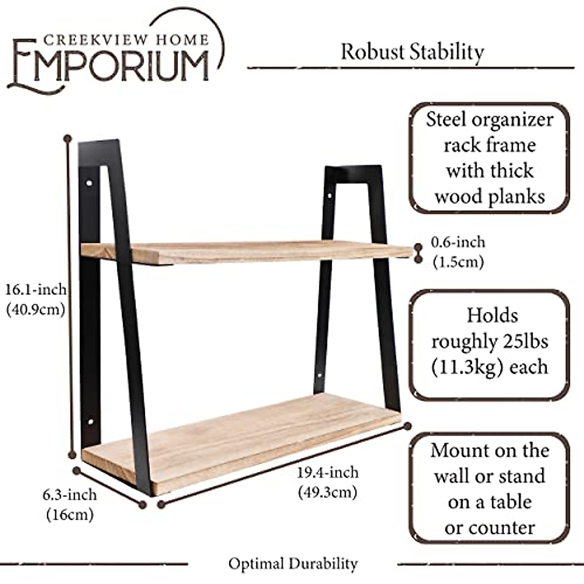 Creekview Home Emporium 2 Tier Bookshelf Black Wall Shelf - 2 Wooden Industrial Floating Shelves for Bed and Bathroom