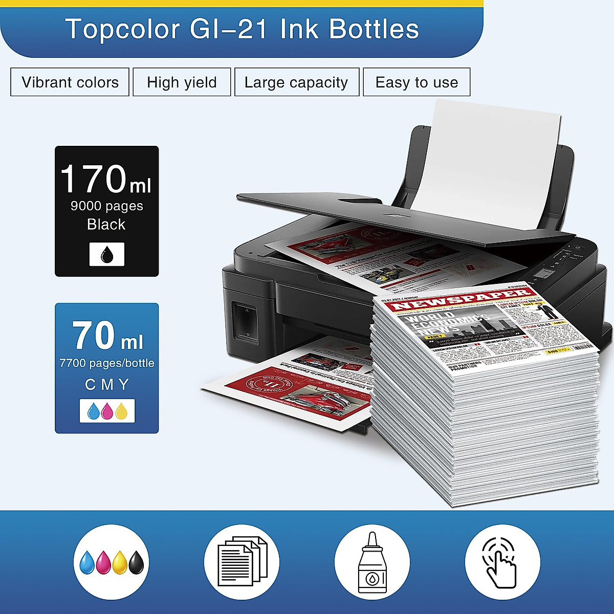 Topcolor GI-21 G3270 G3260 Ink Bottles Compatible for Canon 21 GI-21 GI21 Ink Refill Bottles Set, Compatible for Canon MegaTank G3270 G3260 G3290 G3272 G4280 G4270 G2270 G2260 G1220 G1230 Printer