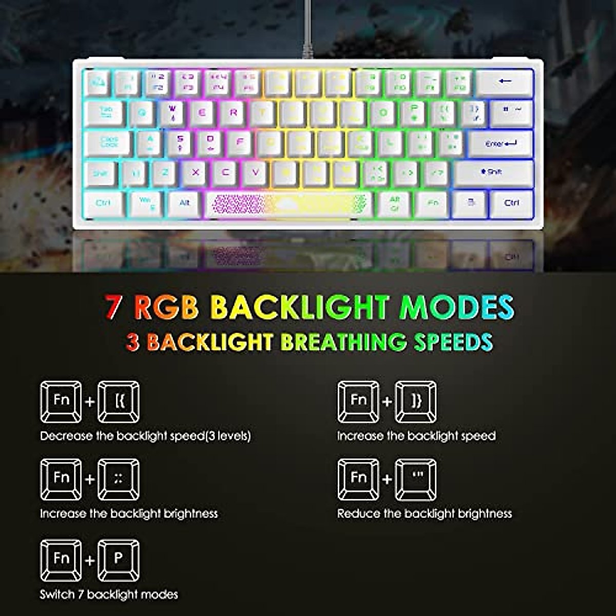 60% Gaming Keyboard and Mouse,Rainbow LED Backlit Gaming Keyboard with Wired Mini Portable Ergonomic 2400 DPI Ultralight Gaming Honeycomb Shell Mouse,Mouse Pad for Windows PC Gamers(White)