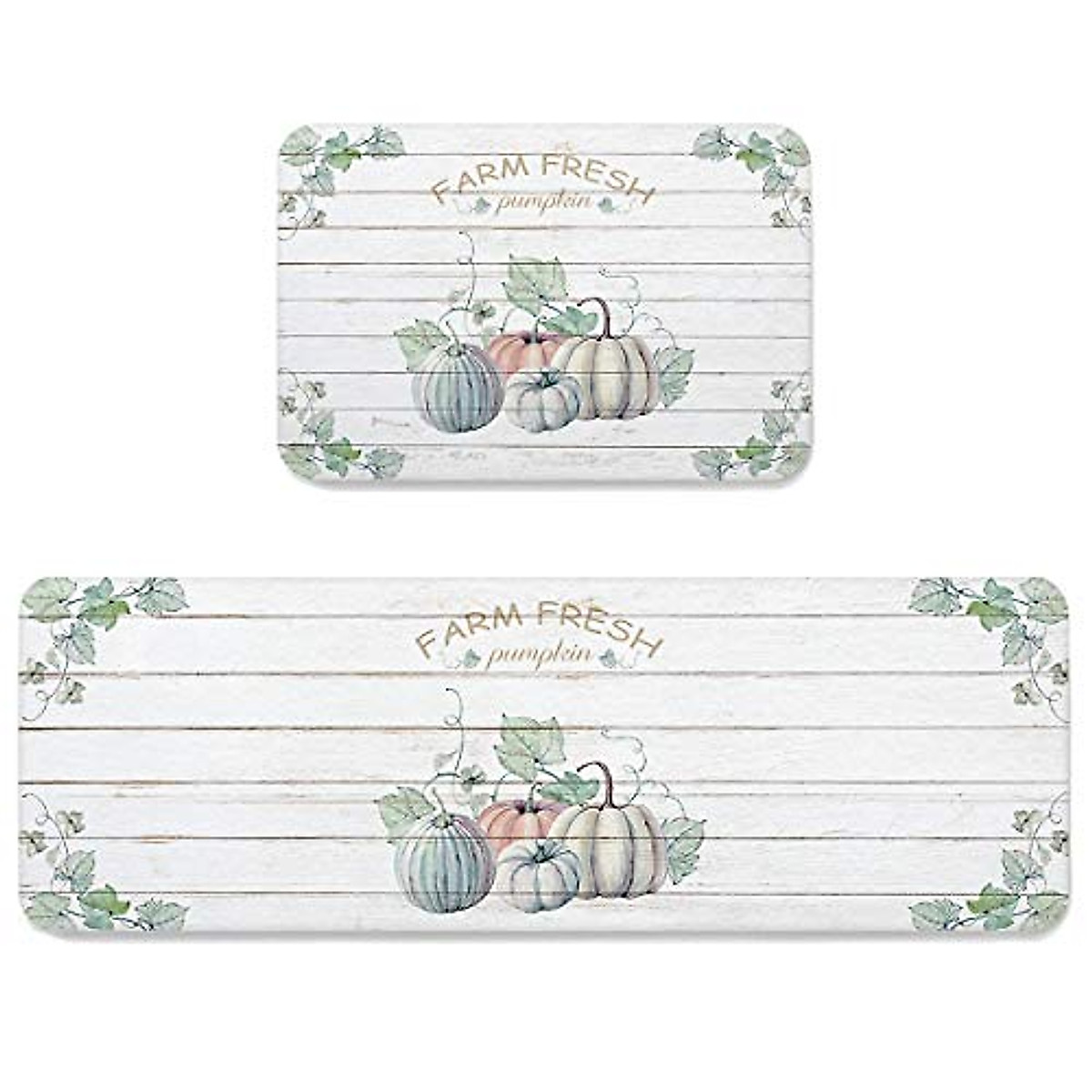 SUN-Shine Thanksgiving Pumpkin Fall Season Kitchen Rug Set 2 Pieces Cushioned Kitchen Floor Mats Comfort Soft Standing Doormat, Non Slip Rugs and Runner White Wood Board