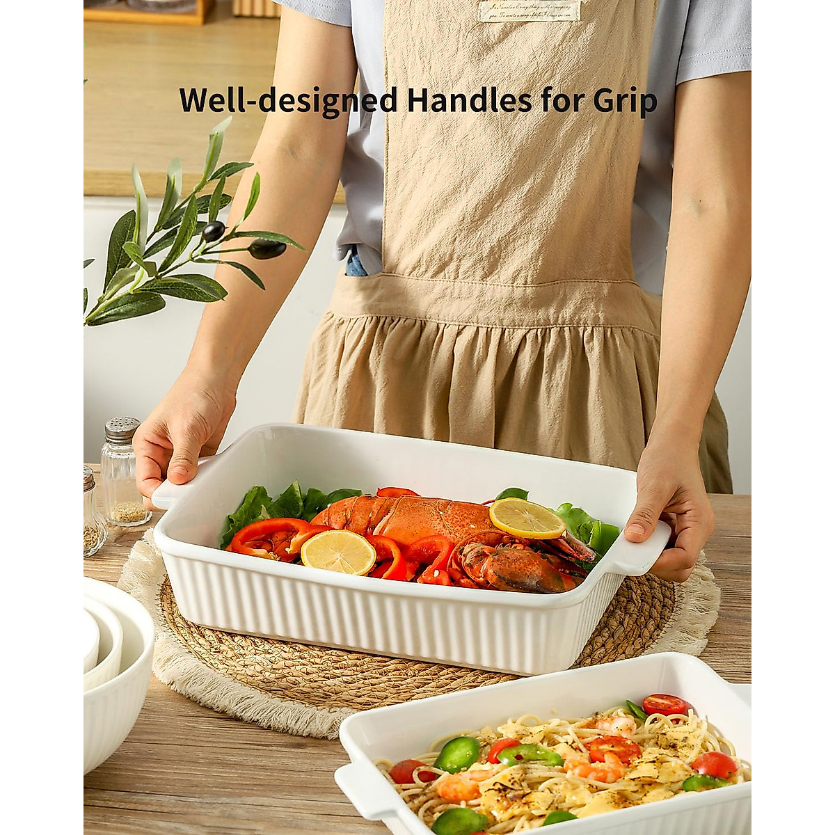 Hasense Rectangular Casserole Dishes for Oven, Ceramic Baking Dish, Baking Pans Set of 3, Lasagna Pan with Handle, Microwave & Dishwasher Safe, Wedding Mother's Day Gift, White(15"/12.2''/8.3'')