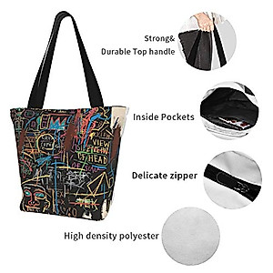 antcreptson Jean-Michel Basquiat Extra Large Canvas Market Beach Travel Reusable Grocery Shopping Tote Bag Portable Storage Handbags