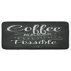 Lunarable Coffee Kitchen Mat, Coffee Makes Everything Possible Inspirational Message on a Chalkboard, Plush Decorative Kithcen Mat with Non Slip Backing, 47" X 19", White Grey