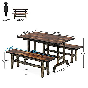 Tribesigns 47 Inch Dining Table Set for 4, 3-Piece Kitchen Table Set with 2 Benches, Industrial Dining Room Table with Metal Frame, Space-Saving Dinette for Dining Room Small Spaces, Brown