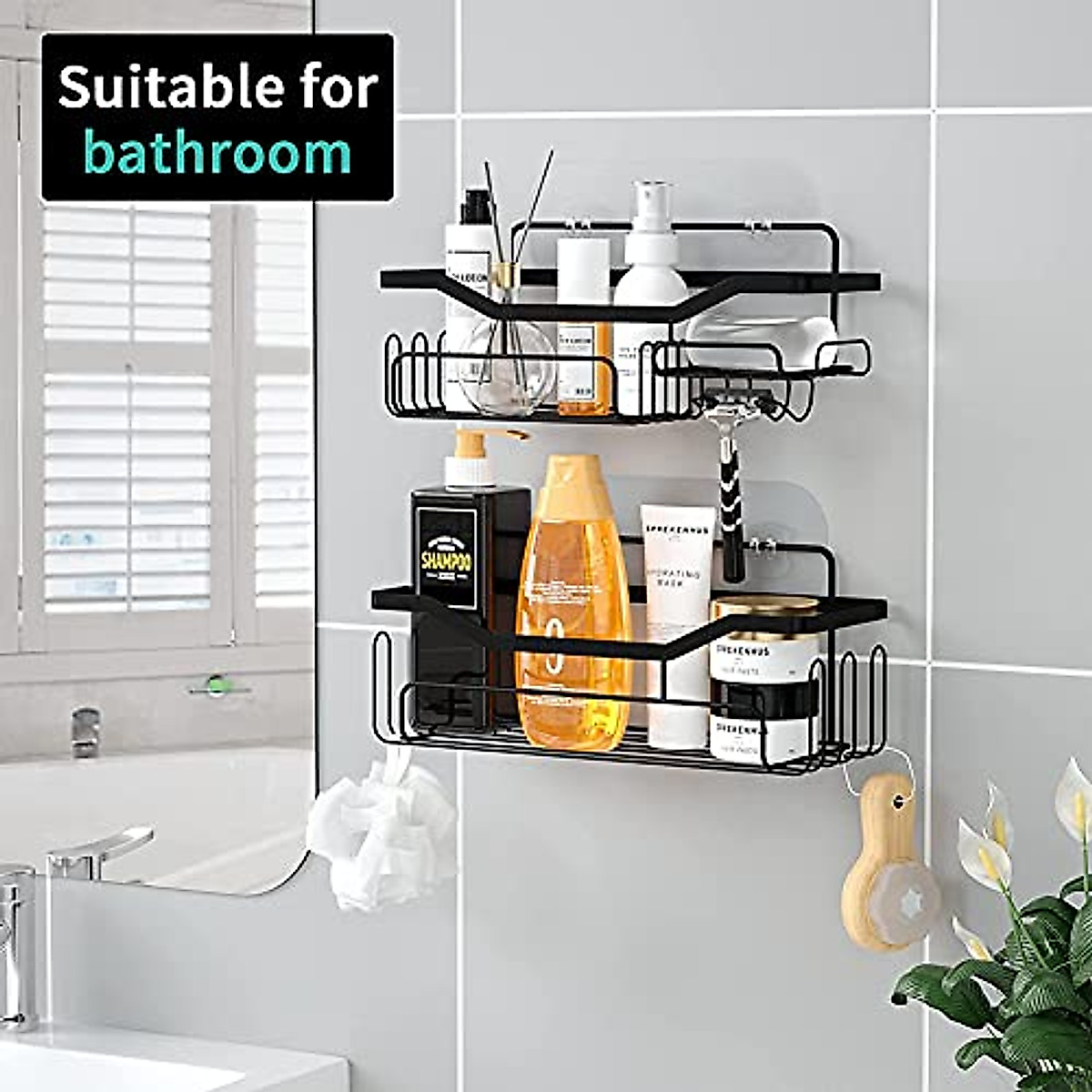 WWMMJA Shower Caddy Bathroom Organizer with Soap Holder Rustproof Shower Caddy Basket Shelf Hooks No Drilling Adhesive Wall Mounted Bathroom Storage Shampoo Holder Organizer, 2 Pack Black