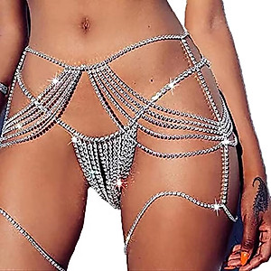 Bomine Silver Rhinestone Waist Body Chain Dress Sexy Bikini Crystal Belly Body Chains Sparkly Body Jewelry Nightclub for Women and Girls, Free sizes