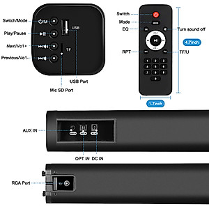 Sunyuey tv Sound bar, 37inch Audio tv Speaker with Surround Sound Home Theater System 4 Driver Speakers,Remote Control,Wall Mounted,Optical/Aux/RCA/USB/Micro SD Connection