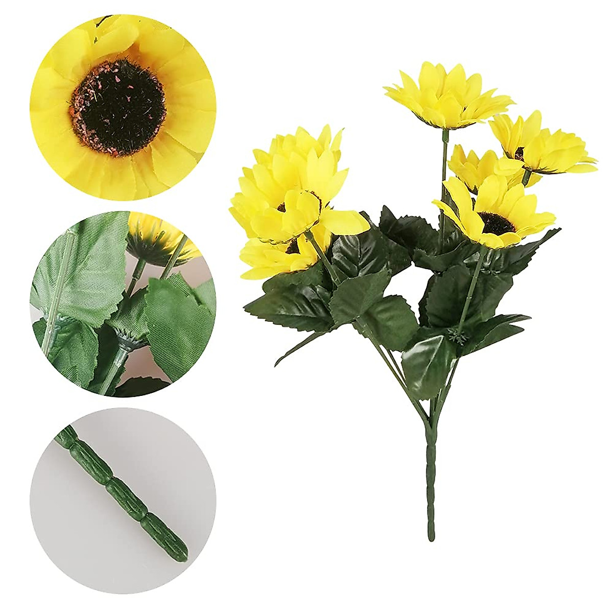Hangnuo 4 Pack Artificial Sunflower Bouquets with Stems Silk Sunflowers Leaves Fake Sun Flower for Home Officce Parties Bridal Wedding Garden Decoration Each Bunche with 7 Heads