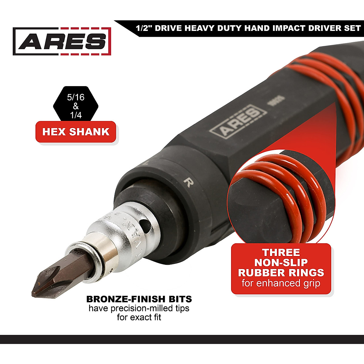 ARES 10027 – 1/2-Inch Drive Heavy Duty Hex Grip Impact Driver – 1/4-Inch & 5/16-Inch Bit Chucks – S2 Bits – Slotted 3/16, 1/4, 5/16, 3/8 Inch Bits – Phillips PH1, PH2, & PH3 Bits - T20, T25 Bits