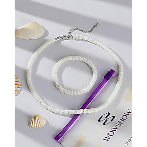 Wowshow Shell Necklace, Puka Shell Necklace for Men Women Seashell Choker Necklace Smooth Shell Surfer Bracelets Summer Necklace 14 Inches