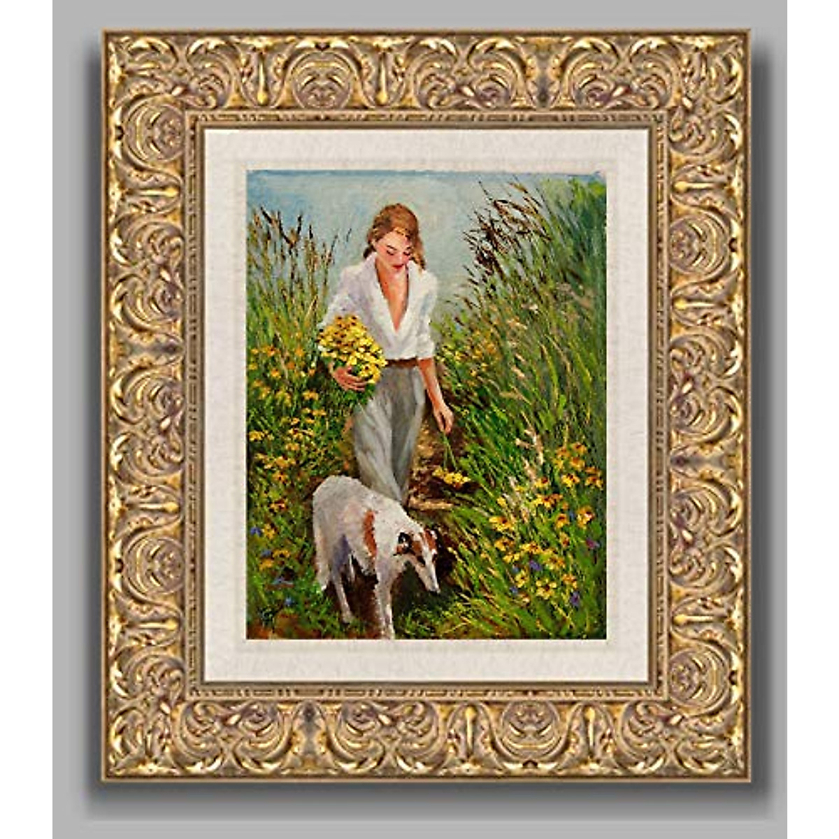 SOLD Handful of Daffodils, Female Figure And Dog By Internationally Renown Impressionist Artist Yary Dluhos