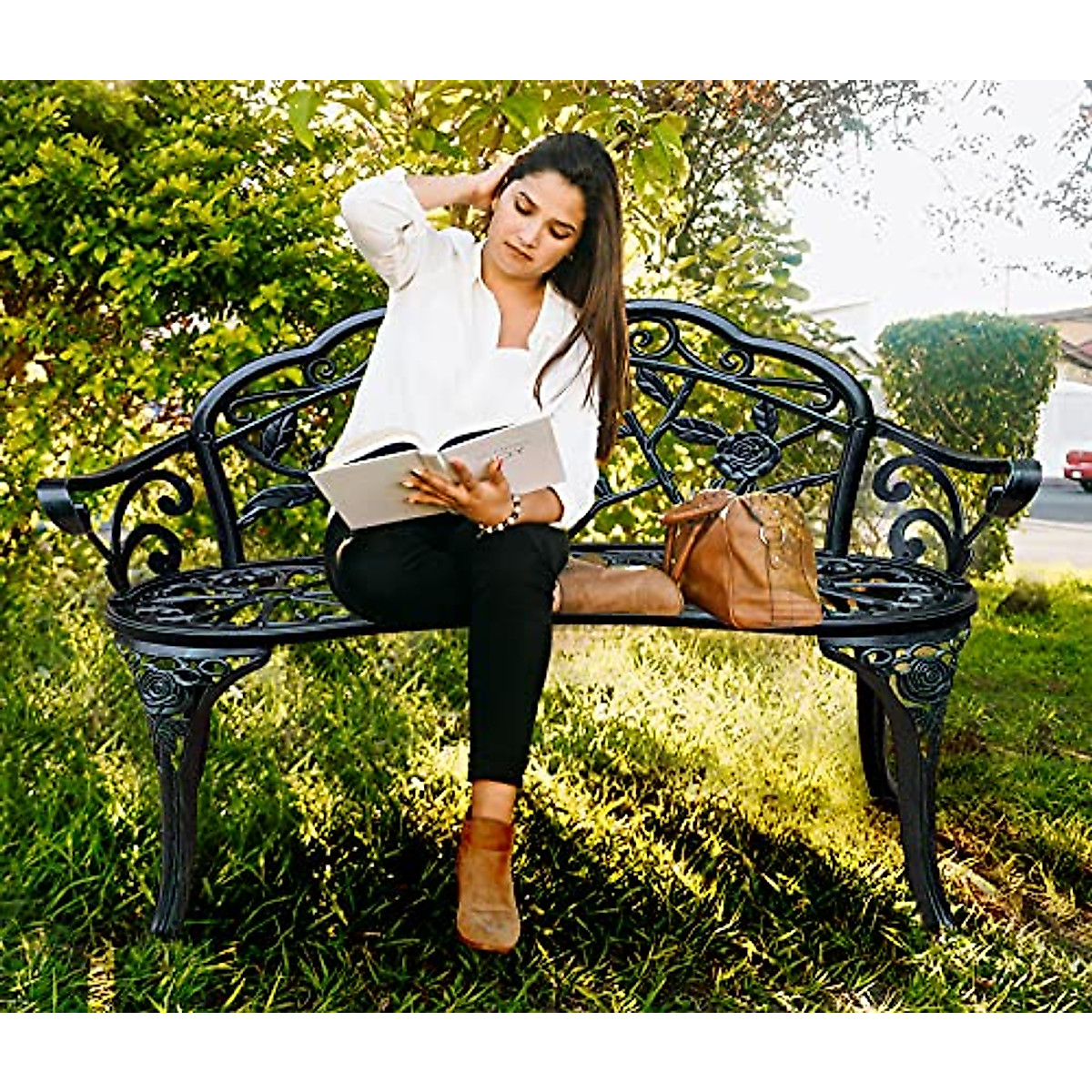 Outrora Garden Bench, Metal Park Bench Cast-Aluminum Outdoor Benches Front Porch Outdoor Furniture with Floral Rose for Patio, Park, Lawn, Yard（Copper）