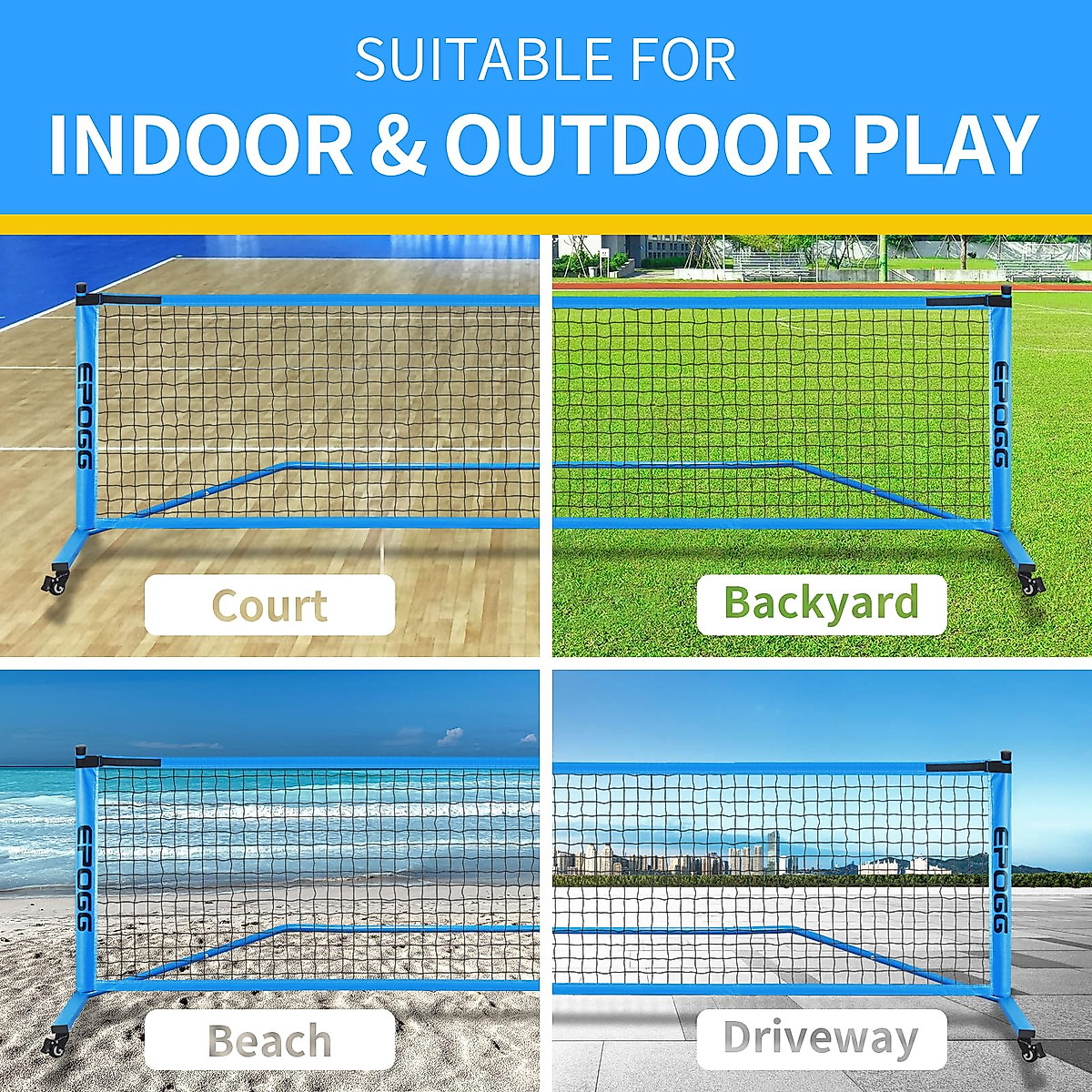 Hamino Pickleball Set with Net Wheels, 22 FT Regulation Size Pickleball Net Set with Steady Metal Frame Base/Sturdy PE Net/600D Carrying Bag, Portable Outdoor Driveway Home Backyard Fun for All Ages