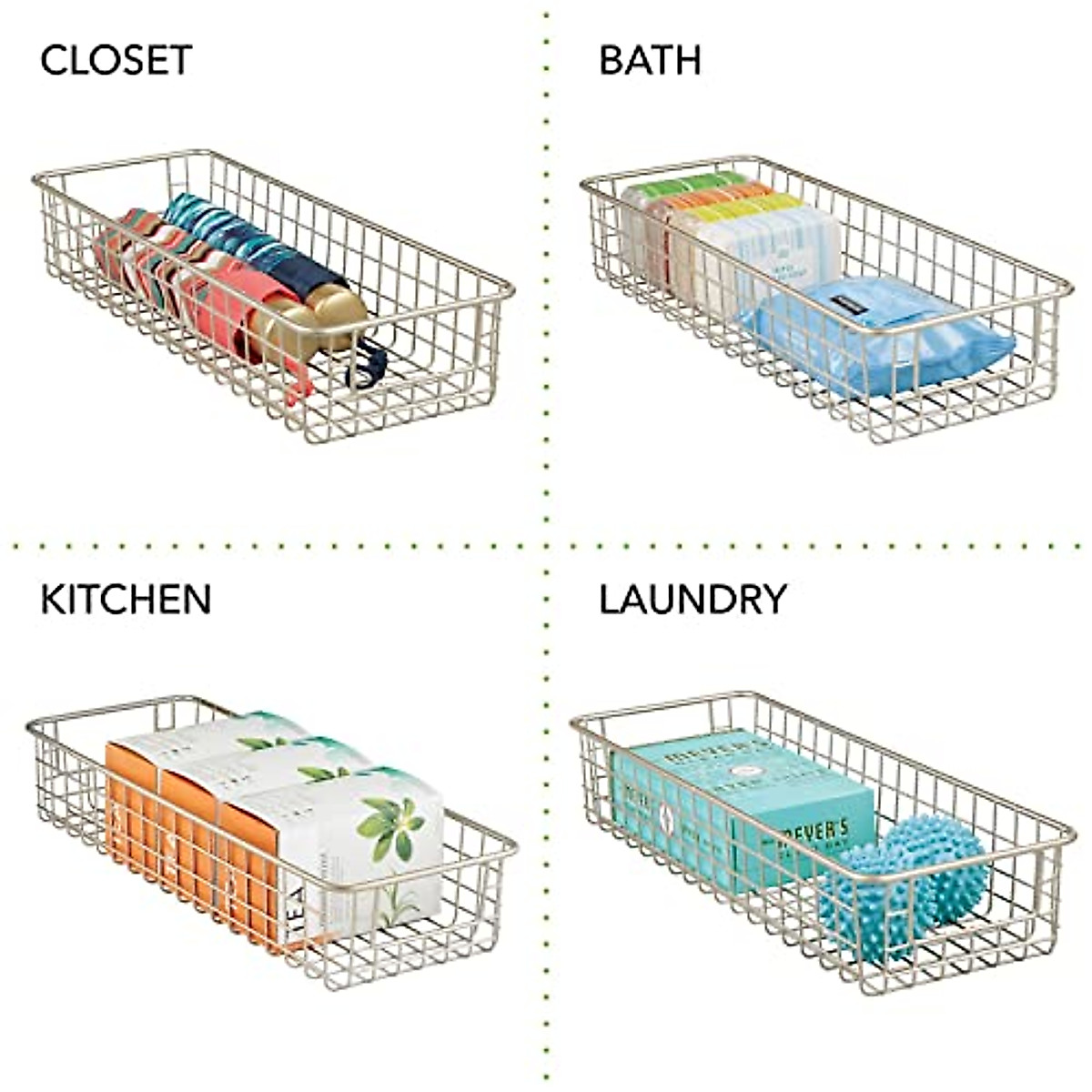 mDesign Metal Wire Food Storage Shallow Basket Organizer with Handles for Organizing Kitchen Cabinets, Pantry Shelf, Bathroom, Laundry Room, Closets, Garage - Concerto Collection - 4 Pack - Satin