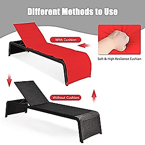 RELAX4LIFE Outdoor Patio Rattan Chaise Lounge, PE Rattan Wicker All Weather Lounge Chair with Adjustable Reclining Backrest and Cushions for Poolside Porch Garden and Backyard (1, Red)