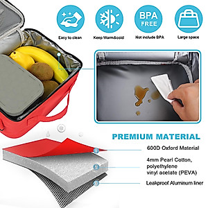 Insulated Lunch Bag for Boys/Girls/Kids, Reusable Cooler Bags for School/Picnic/Travel, White Red Adjustable Shoulder Strap Lunchbox