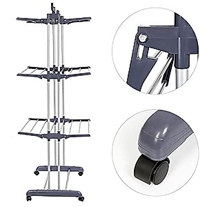 UXZDX 6-Layer Adjustable Rolling Clothes Rack Coat Rack Floor Hanger Storage Closet Clothing Drying Foldable Clothes Hanger (Color : Black)