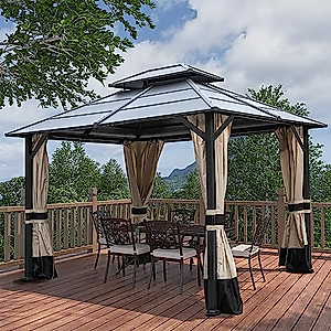 MONDAWE 10x12Ft Hardtop Gazebo Double Roof Permanent Gazebo Steel Frame Canopy Outdoor Pavilion Heavy Duty for Patio Lawn Garden with Curtains and Netting,Black