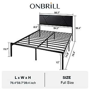ONBRILL Full Size Modern Metal Bed Frame with Contemporary Faux Leather and Upholstered Headboard，No Box Spring Needed, Black