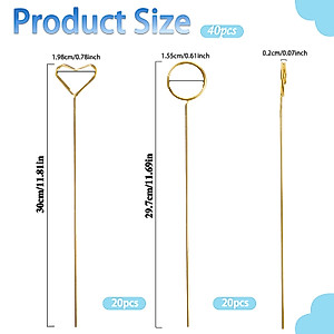 40 Pcs Flower Card Holder Photo Card Holder Floral Picks 12 Inch Metal Floral Place Card Holder Golden Floral Picks Clips Heart Round Shape Flower Ring Loop for Wedding Flower Arrangements DIY Craft