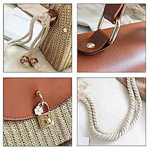 Meyaus Women Mini Lock Decoration Straw Woven Cross-body Shoulder Bag PU Leather Flap Top-handle Bag Handbag