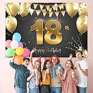 HAMIGAR 6x4ft Happy 18th Birthday Banner Backdrop - 18 Years Old Birthday Decorations Party Supplies for Girls Boys - Black Gold