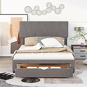 LCH Queen Size Upholstery Platform Bed, Wooden Queen Size Platform Bed Frame with 1 Drawer and Adjustable Headboard, Queen Storage Bed for Kids Teens Adult Bedroom (Grey)
