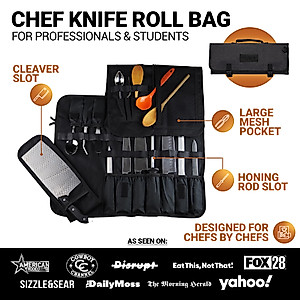 Chef Knife Roll Bag | 8+ Slots for Knives & Kitchen Tools | Water Resistant Knife Bag | Knife Carrying Case Only, Tools Not Included | Chef Knife Bag for Professional Chefs & Culinary Students (Black)