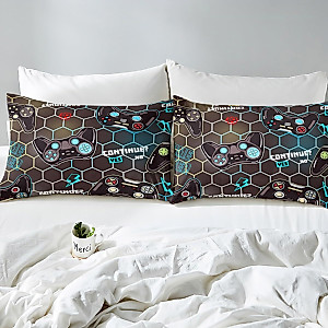 Erosebridal Gamer Twin Size Bedding Set for Boys Girls Gaming Bed Sheets, Neon Honeycomb Fitted Sheet Video Game Sheets, Geometric Hexagon Bedding Kids Teens Room Decor, Black Bed Cover 2 Pieces