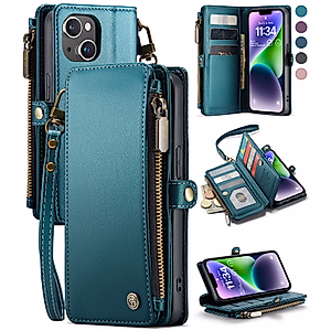 Defencase for iPhone 14 Plus Case, RFID Blocking for iPhone 14 Plus Wallet Case for Women and Men with Card Holder Zipper PU Leather Protective Cover for iPhone 14 Plus Phone Case, Blue Green