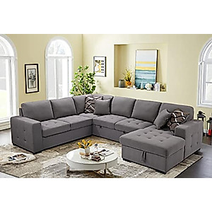123" U-Shaped Polyester Sectional Sofa with Pull Out Sleeper Couch Bed & Storage Chaise, Oversized Functional Sofa & Couch Convertible Sofabed w/4 Pillows for Home Apartment Living Room Furniture Set