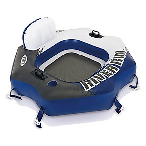 Intex 58854EP River Run Single Person Inflatable Connecting Lounge Tube Chair w/Mesh Bottom, Backrest, & Built in Cupholders, Blue (2 Pack)