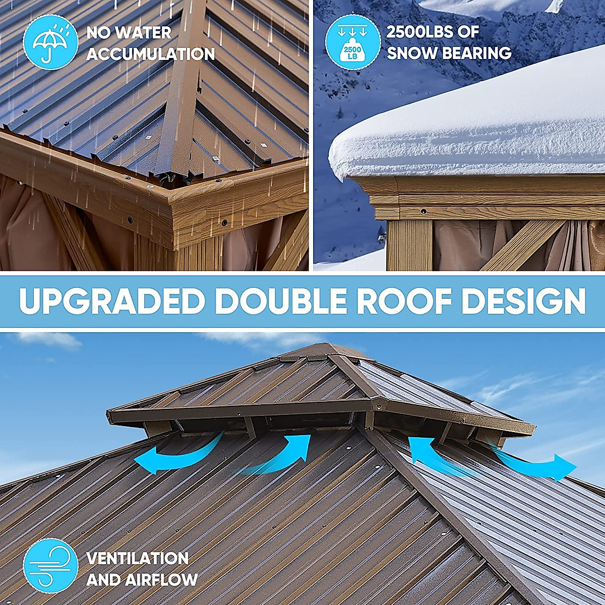 URTR Gazebo 12x20 FT, Outdoor Gazebo with Double Galvanized Steel Hardtop Roof, Permanent Hardtop Gazebo with Netting and Curtains, Patio Gazebo Pergola Pavilion for Gardens, Backyard Deck, Lawns