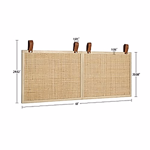 ZeHuoGe Natural Rattan Queen Headboard Decorative Panel with 2 Faux PU Leather Trim Strips, Wall-Mounted Headboard (Queen)