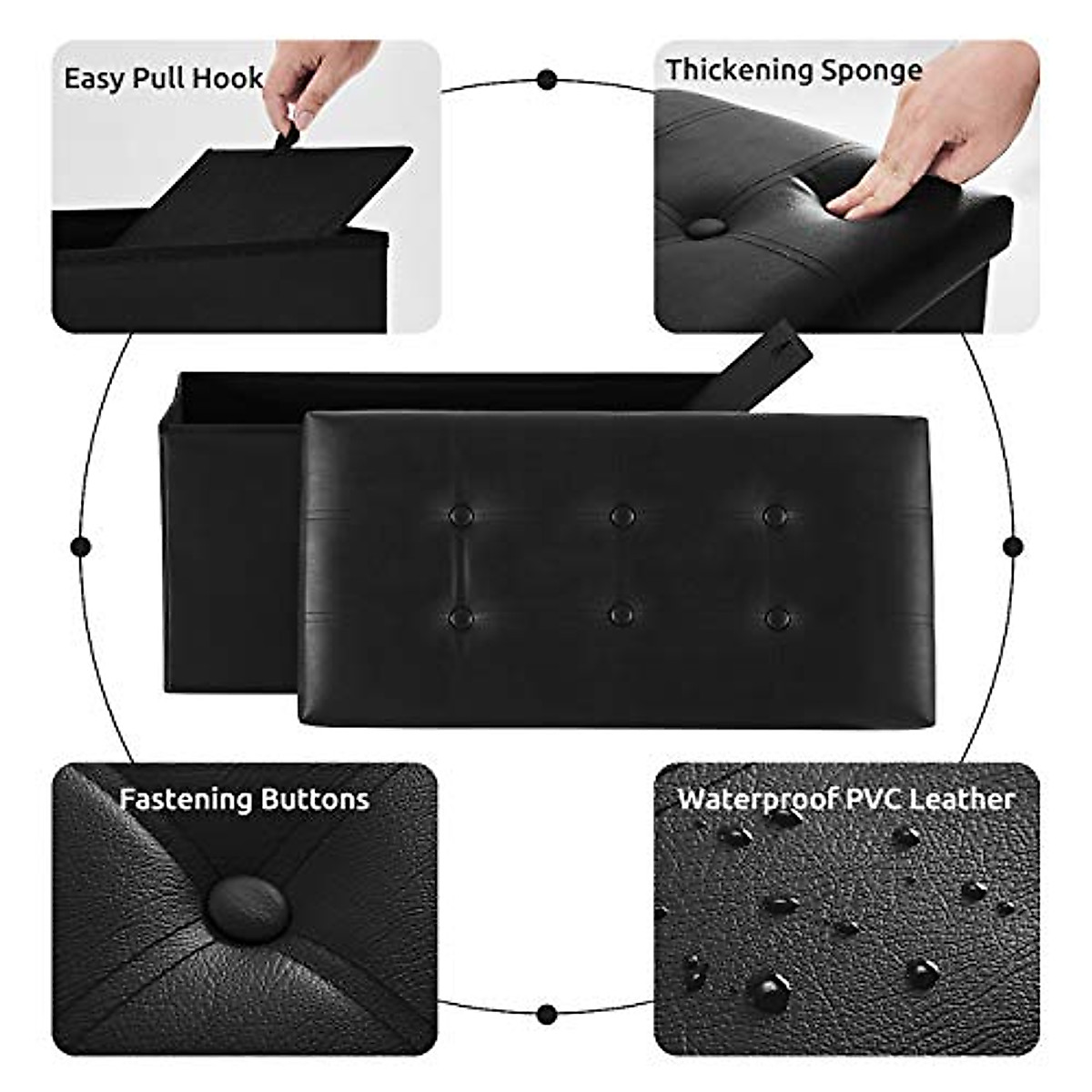 YOUDENOVA 30 inches Folding Storage Ottoman, 80L Storage Bench for Bedroom and Hallway, Faux Leather Black Footrest with Foam Padded Seat, Support 350lbs