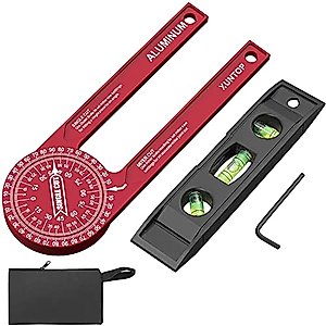 Miter Saw Protractor, XUNTOP 7-Inch Aluminum Miter Protractor with Mini Level Gauge Rust Proof Angle Finder Featuring Precision Laser Engraved Scales for Carpentry, Crown Molding, Baseboard, DIY-Red