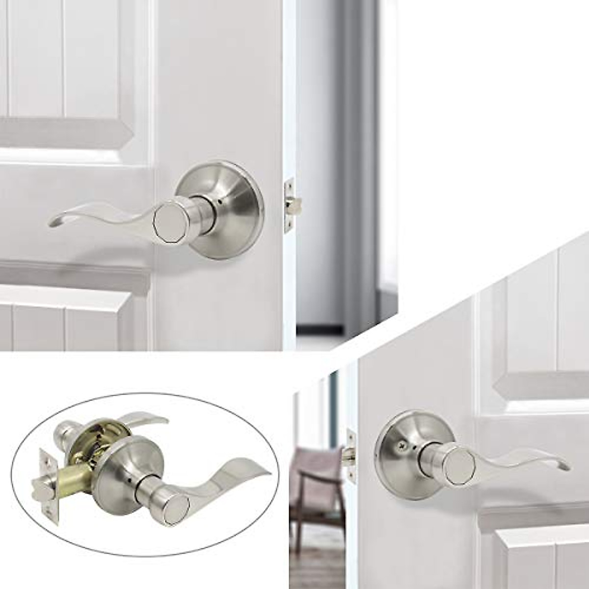 Gobrico Wave Style Euro Lever Handle Passage Door Lock Hall and Closet Leverset Lockset,Satin Nickel Finish,Keyless Non Locking,1Pack