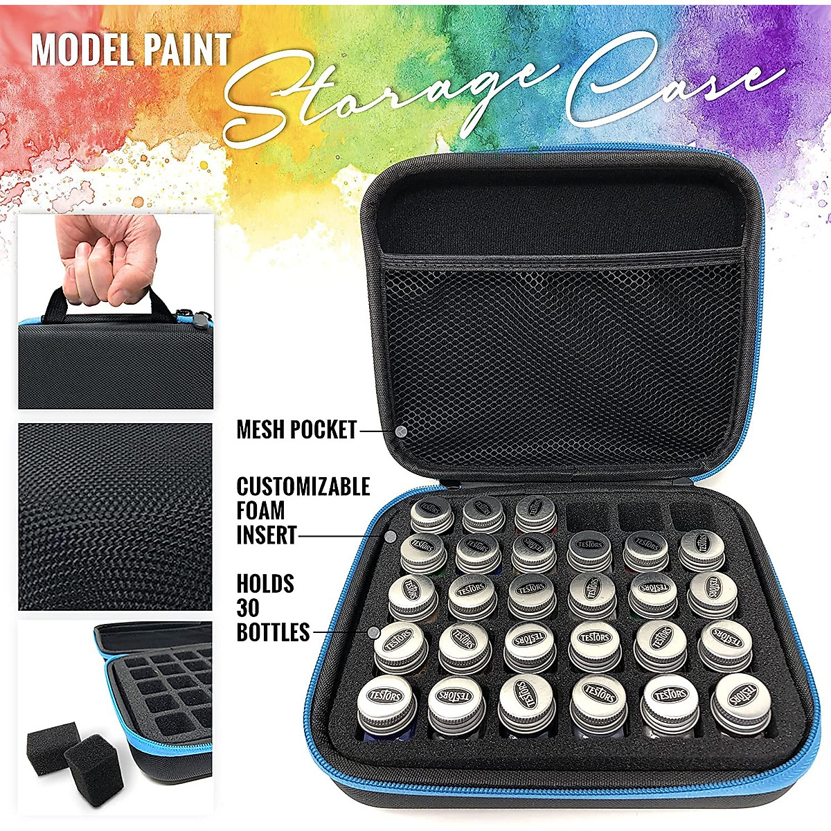 Pixiss Model Paint Storage Case (Holds 30 Bottles) and Model Making Accessory Kit - Travel Case for Testors Paints - Customizable Foam Insert - Hobby Craft Tools - Includes Precision Tweezers, Nippers