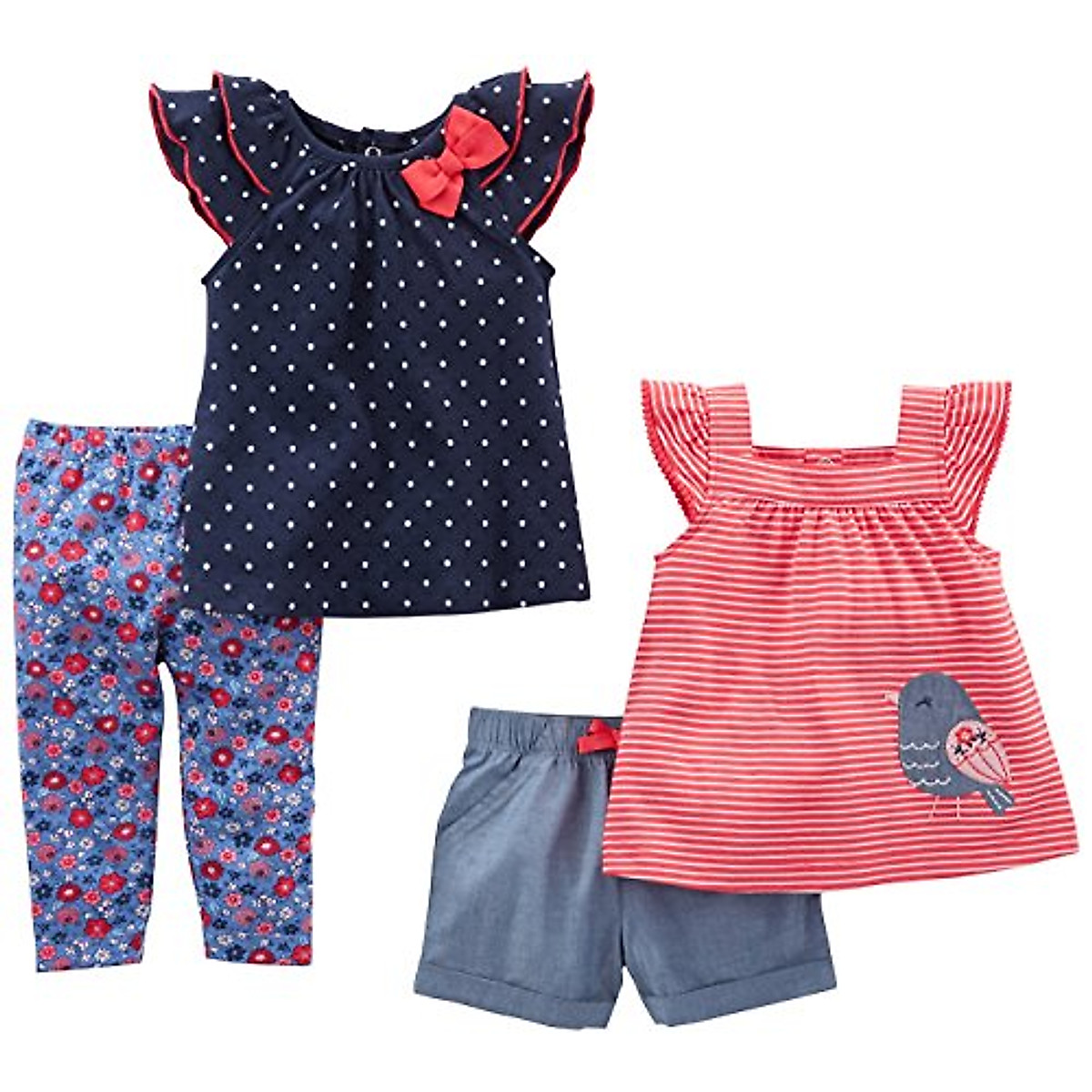 Simple Joys by Carter's Baby Girls' 4-Piece Playwear Set, Navy/Red, Dots/Stripe/Bird, 18 Months