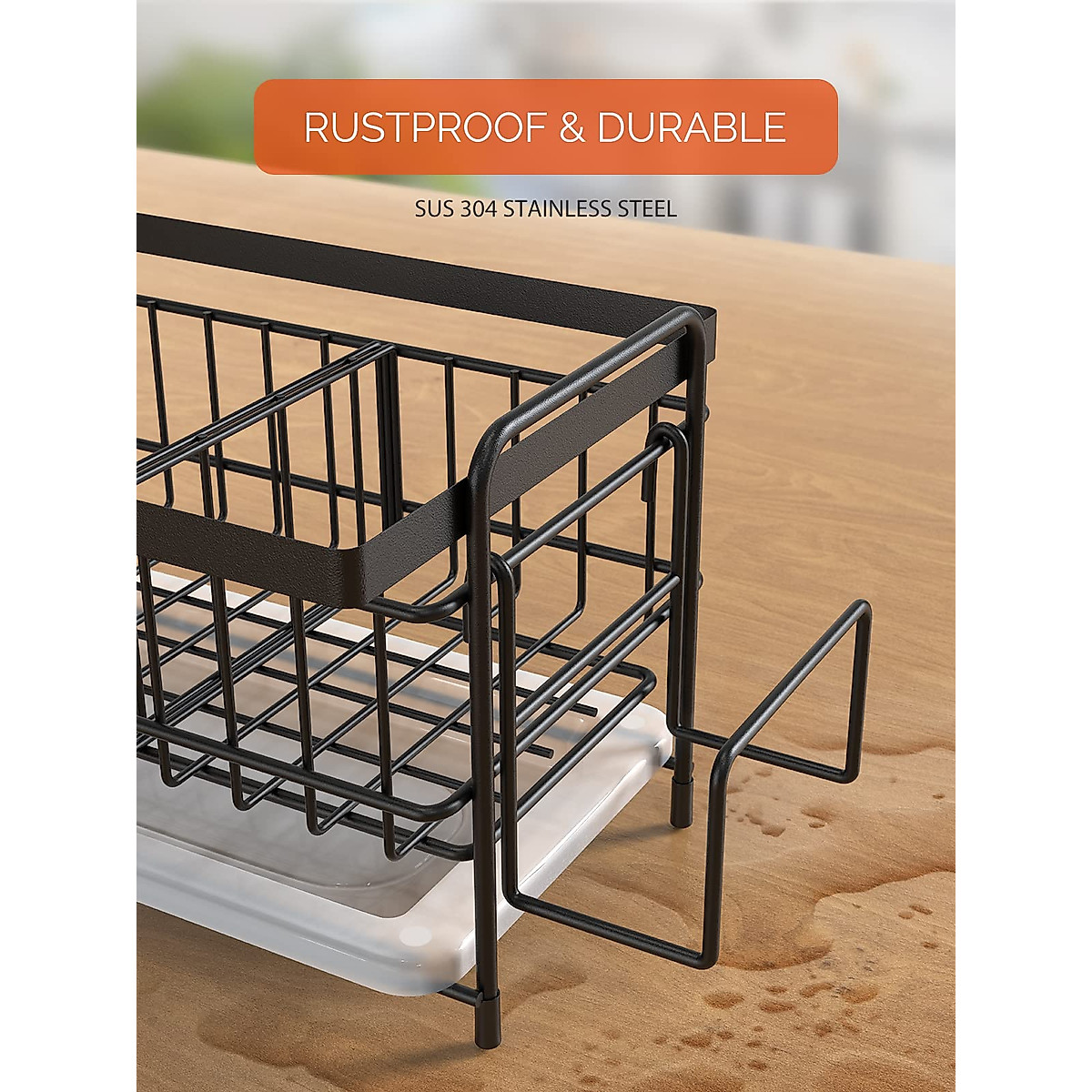 FixOwl Sink Caddy Kitchen Sink Organizer Sponge Holder for Kitchen Sink Non-Slip Countertop Organizer SUS304 with Removable Tray, Black