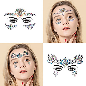 Face Gems, 6 Sheets Mermaid Face Jewels for Makeup Rave Festival Halloween Stick on Face Body Self Adhesive Rhinestone Gemstones Stickers