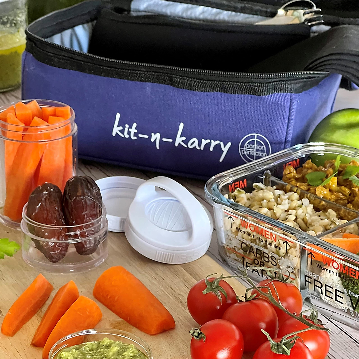 Kit-n-Karry Portion Control Containers with Lunch Bag Included - Lunchbox, Stackable Snack Containers, Insulated Pail, Ice Brick, Portable Cutlery Kit, Dressing Container and Napkin