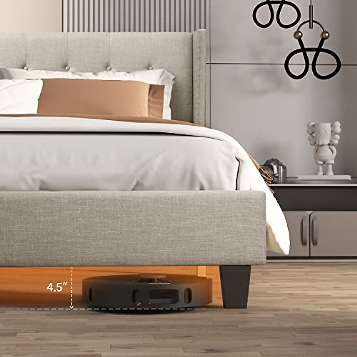 BONSOIR Bed Frame Upholstered Traditional Low Profile Platform with Wing Back Headboard/No Box Spring Needed/No Bed Skirt Needed/Linen Fabric Upholstery/Sand (Sand, King Size)