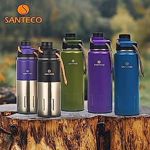 Insulated Water Bottles 24 oz, Santeco Stainless Steel Bottles with Lanyard & Wide Mouth Spout Lid, Leak Proof, Double Wall Vacuum Water Bottle, Keep Drinks Hot & Cold for Hiking Camping - Blue