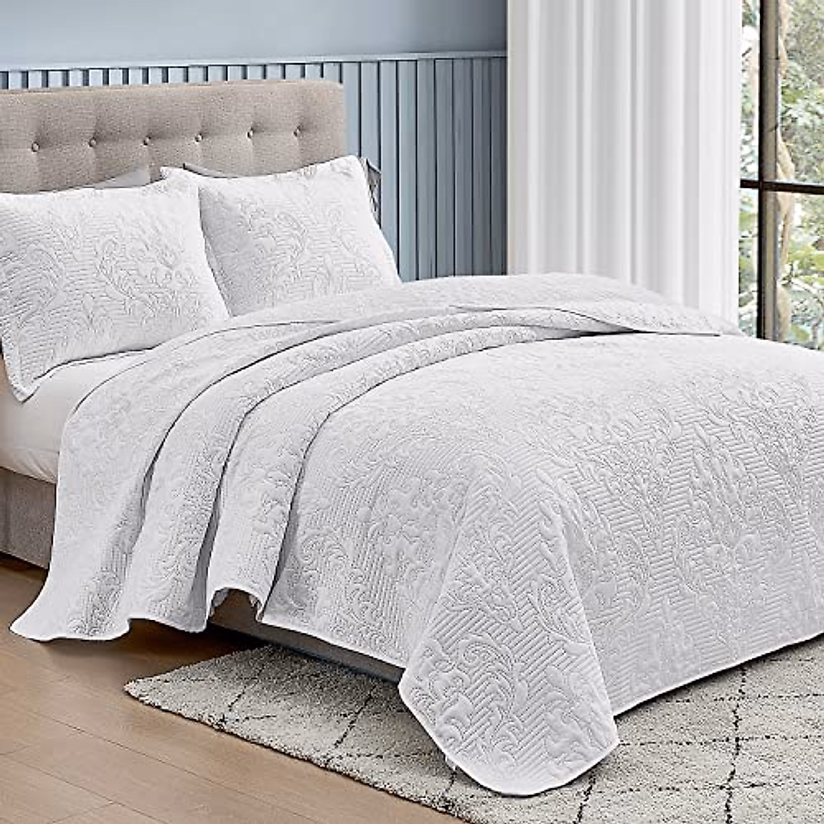 Hansleep White Quilt Queen Size - Damask Summer Bedspreads Queen, Soft Lightweight Coverlet Bedding Set, 3 Piece (1 Quilt, 2 Pillow Shams)