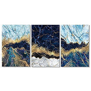 Navy Blue and Gold Marble Wall Art Abstract Marble Modern Trendy Canvas Prints Blue and White Marble Painting Abstract Shaped Artwork Light Blue and Navy Wall Art Abstract Marble 16x24inx3pcs No Frame